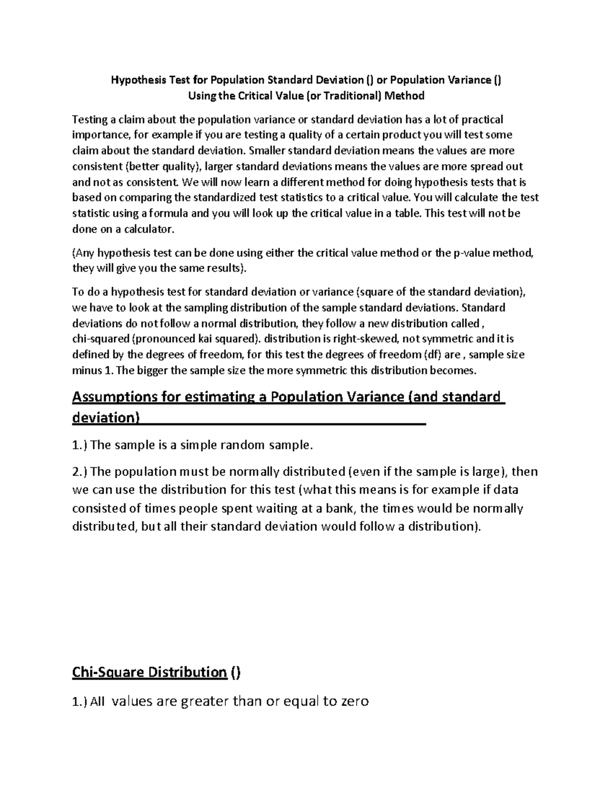Hypothesis Testing for Population Standard Deviation: Chi-Square Method ...