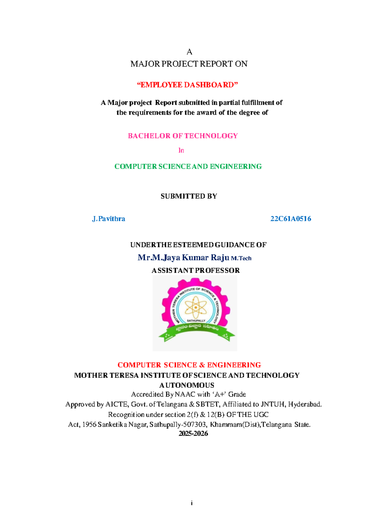 B.Tech Project Report: Employee Dashboard - 22C61A0516 - Studocu