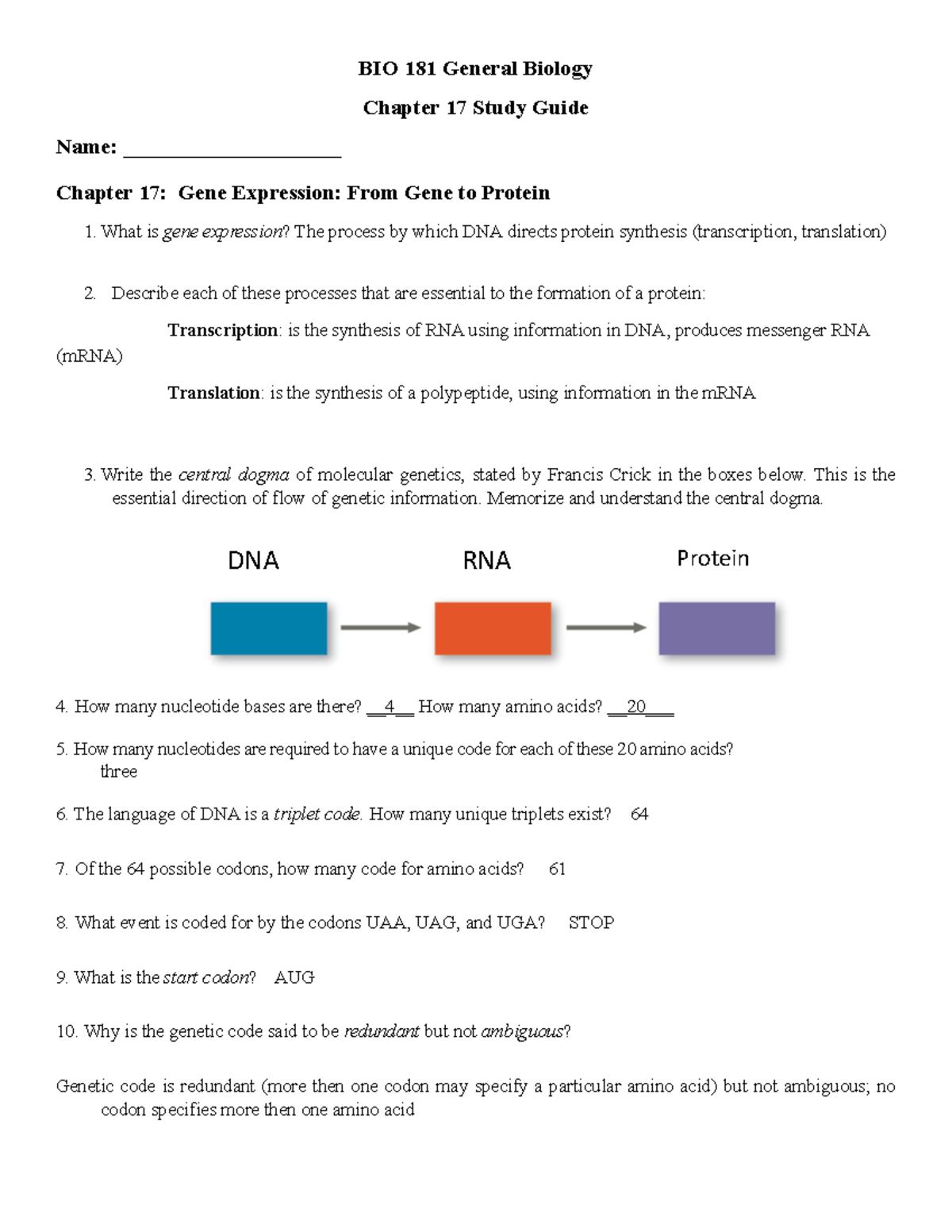 Chapter 17 Study Guide Bio181 - BIO 181 General Biology Chapter 17 ...