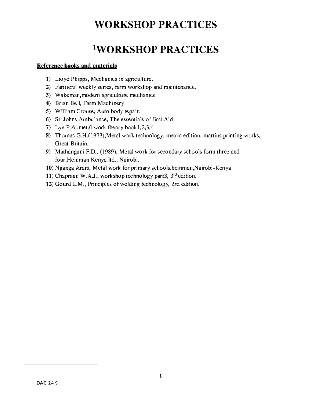 DAG 24 S Workshop Practices: Reference Materials and Safety Guidelines ...