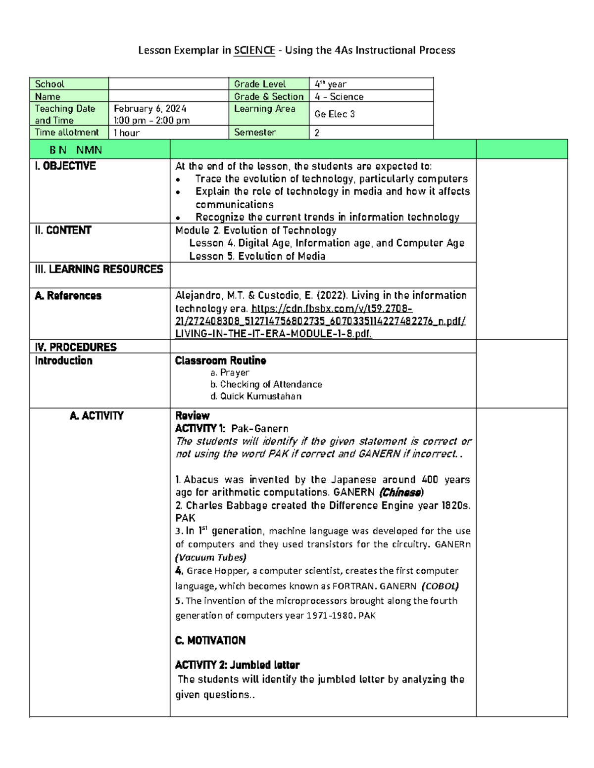 Module 2 - Lesson 4 & 5: Evolution of Technology in Grade 4 Science ...