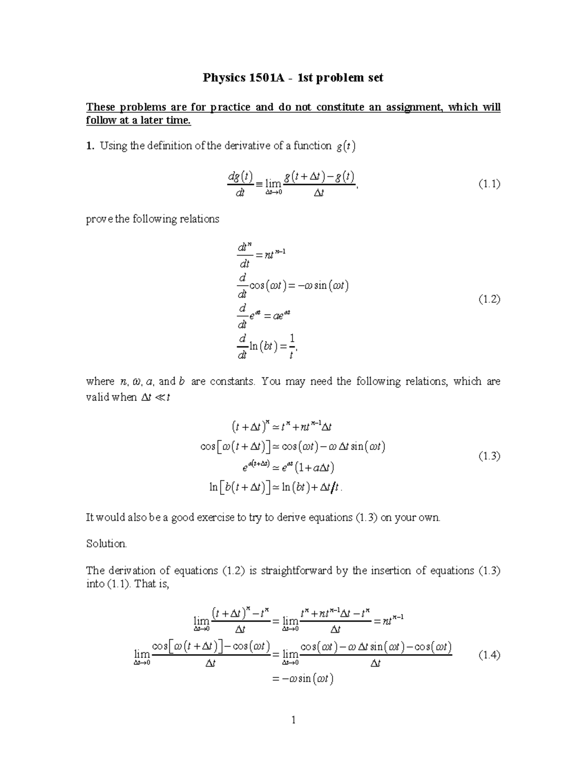 Physics 1501A 1st Problem Set: Practice Problems and Solutions - Studocu