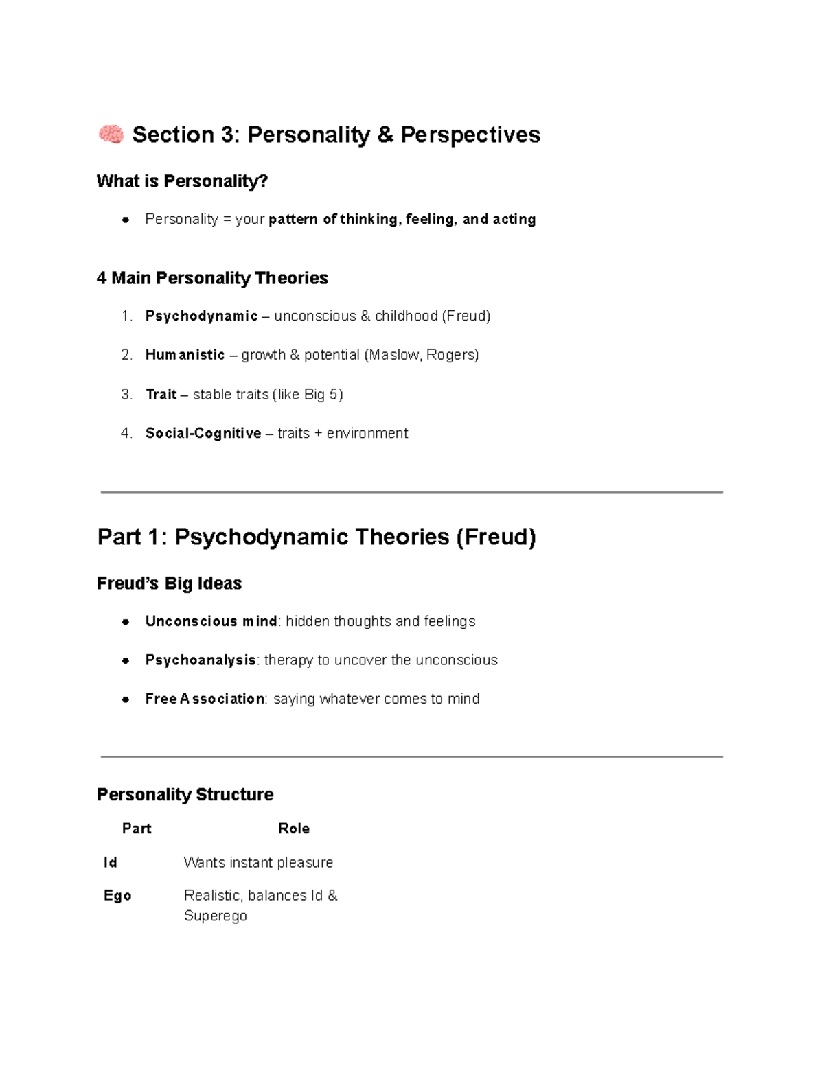 Section 3: Personality Perspectives - Theories & Concepts - Studocu