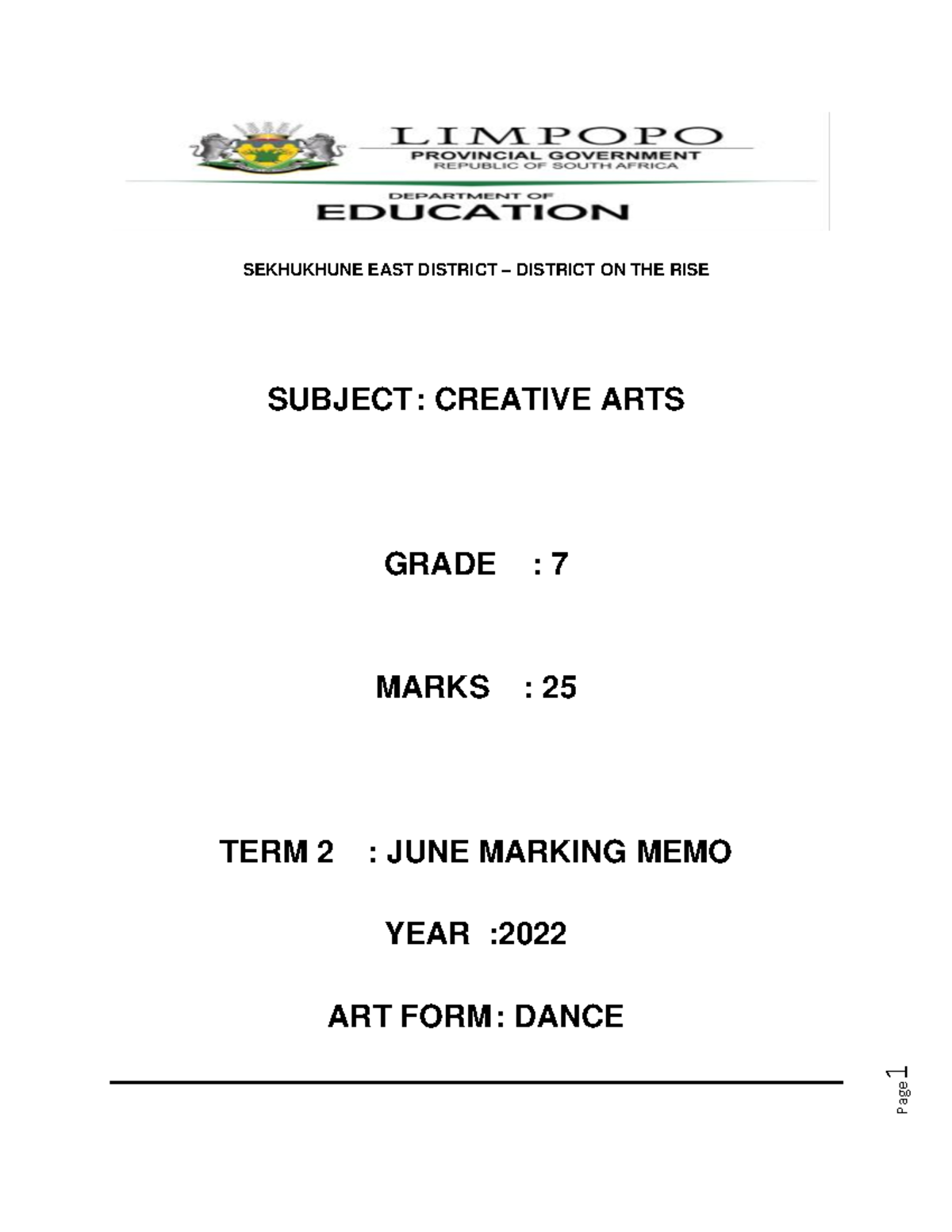 Creative ARTS Grade 7 JUNE 2022 Dance Marking Memo - Studocu