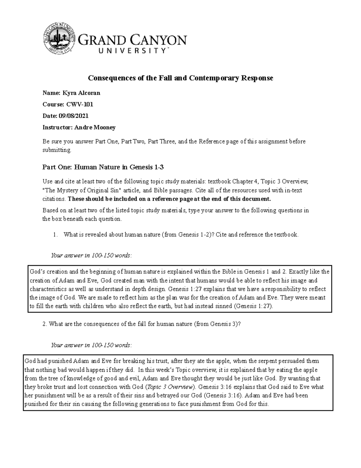 Consequences of the Fall and Contemporary Response Worksheet ...