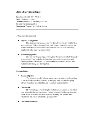 WEEK 1 & 2 - COR - cor - Class Observation Report Date: August 13, 2024 ...