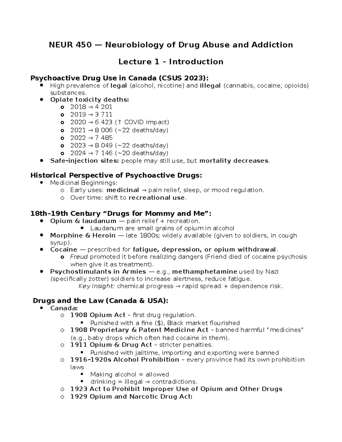 NEUR 450 Neurobiology of Drug Abuse & Addiction Midterm Notes - Studocu