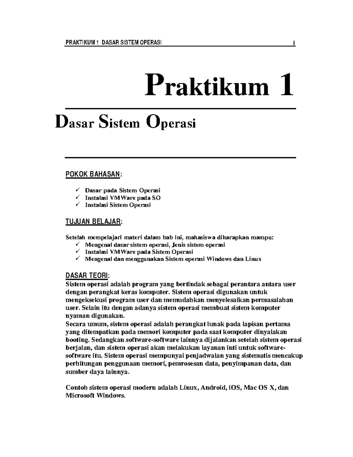 Laporan Praktikum Dasar Sistem Operasi dan Instalasi Vm Ware - Praktikum 1 Dasar Sistem Operasi ...
