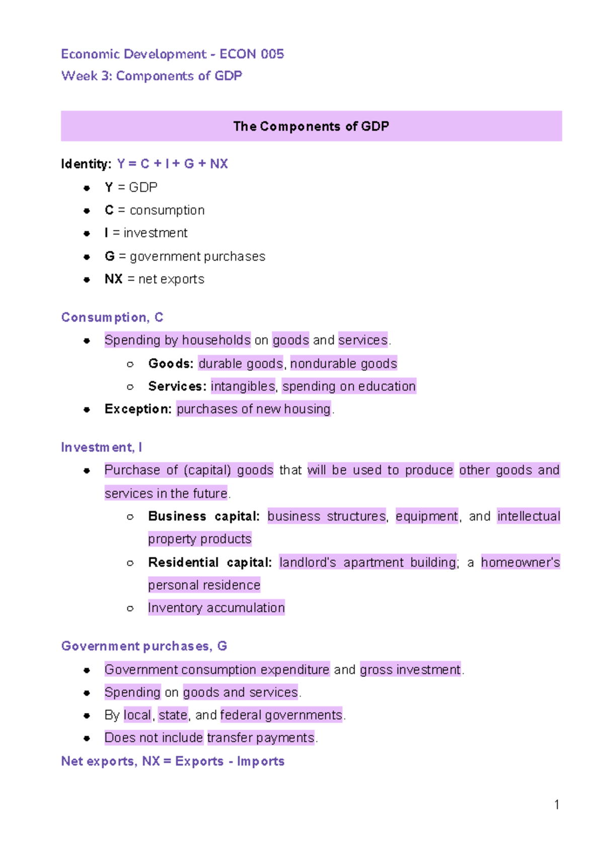 Economic Development ECON 005 Week 3: Understanding GDP Components ...