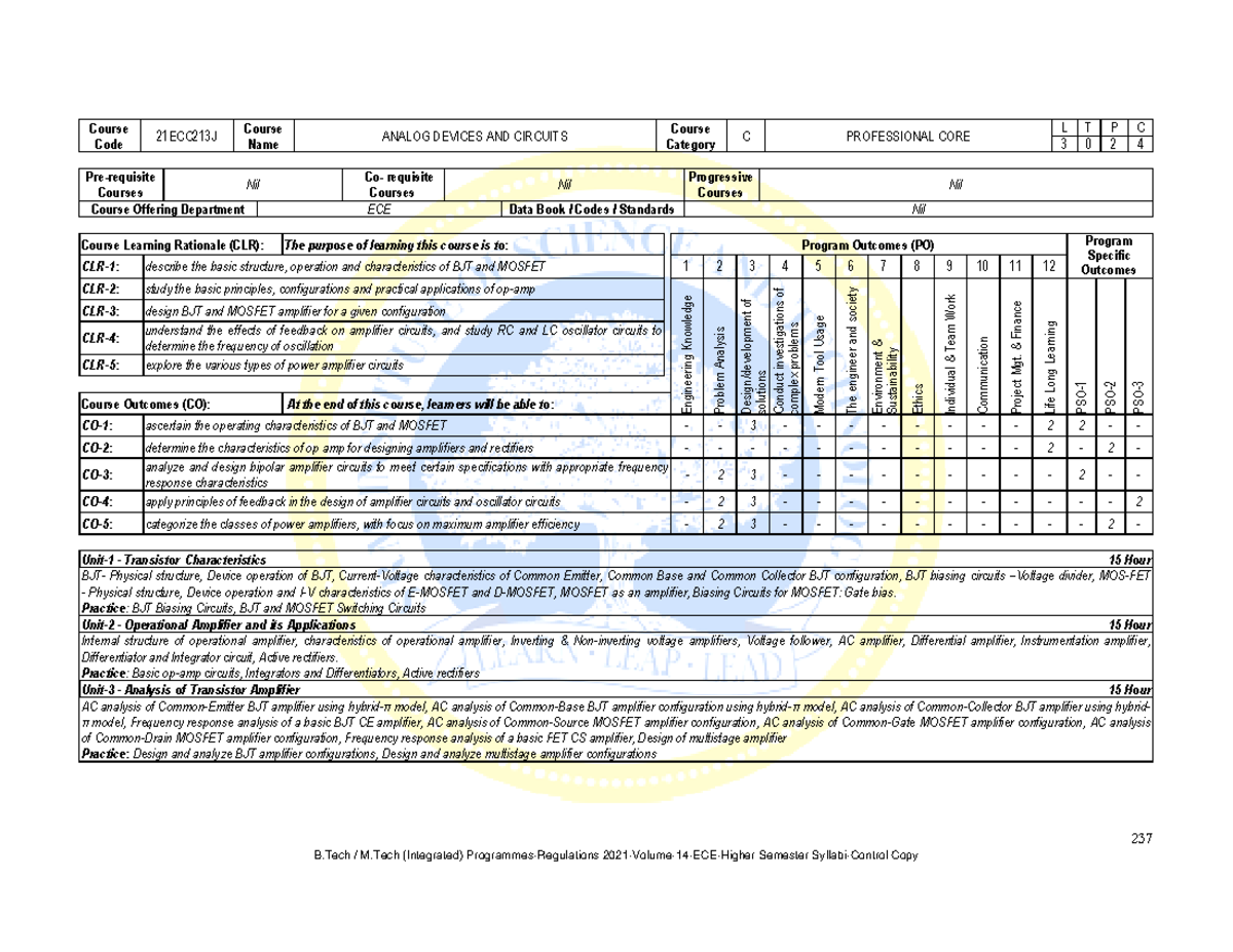 21ECC213J Analog Devices and Circuits Syllabus Overview - Studocu