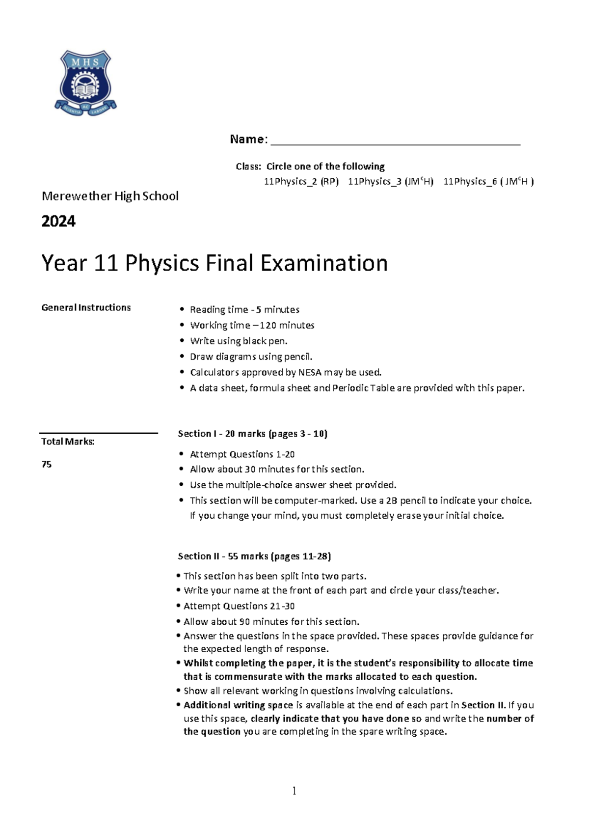 2024 Yr11 Physics Final Exam (11Physics_2, 11Physics_3, 11Physics_6 ...
