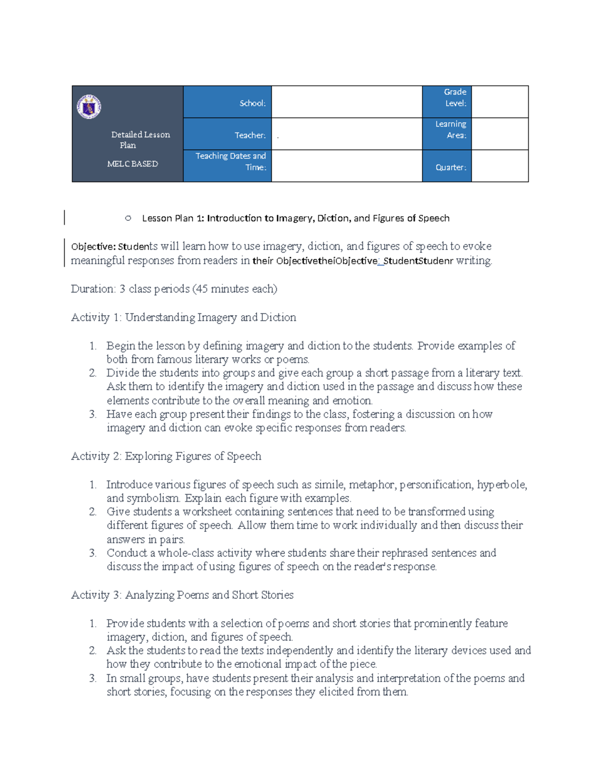 Creative Writing DLP - Lesson Plans on Imagery and Figures of Speech ...
