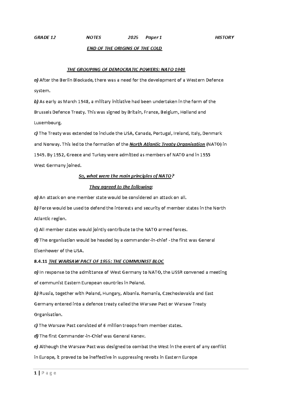 GRADE 12 HISTORY NOTES 2025: COLD WAR ORIGINS & NATO - Studocu
