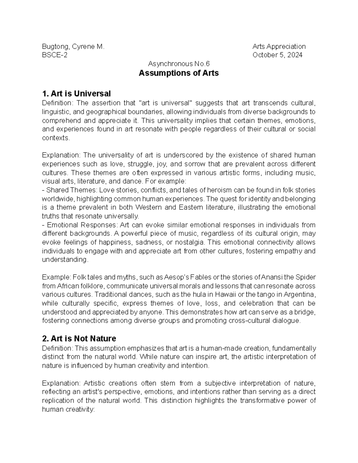 Asynchronous Activity No - Bugtong, Cyrene M. Arts Appreciation BSCE- 2 October 5 , 2024 - Studocu