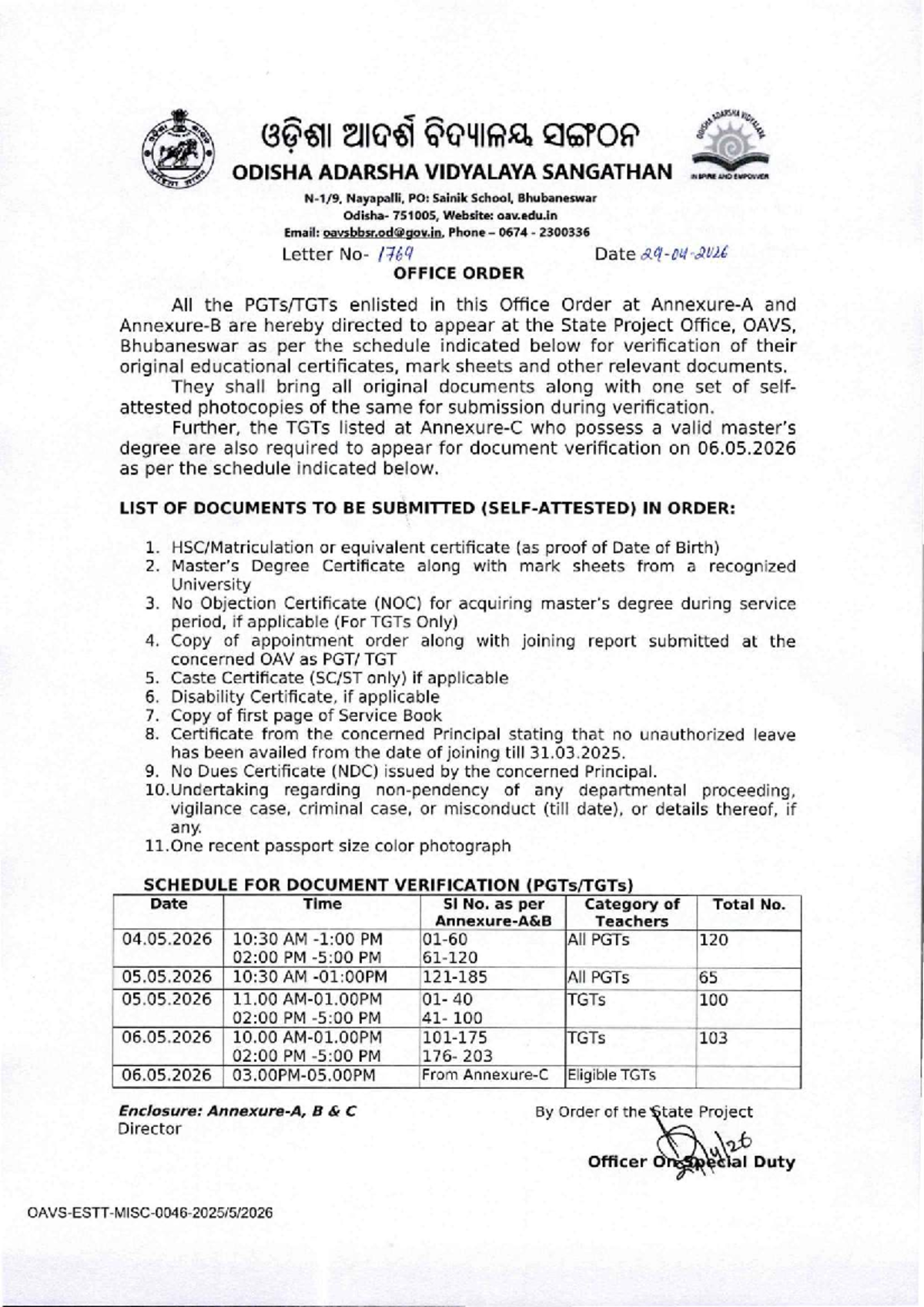 Document Verification Schedule for TGTs - OAVS 2026 - Studocu