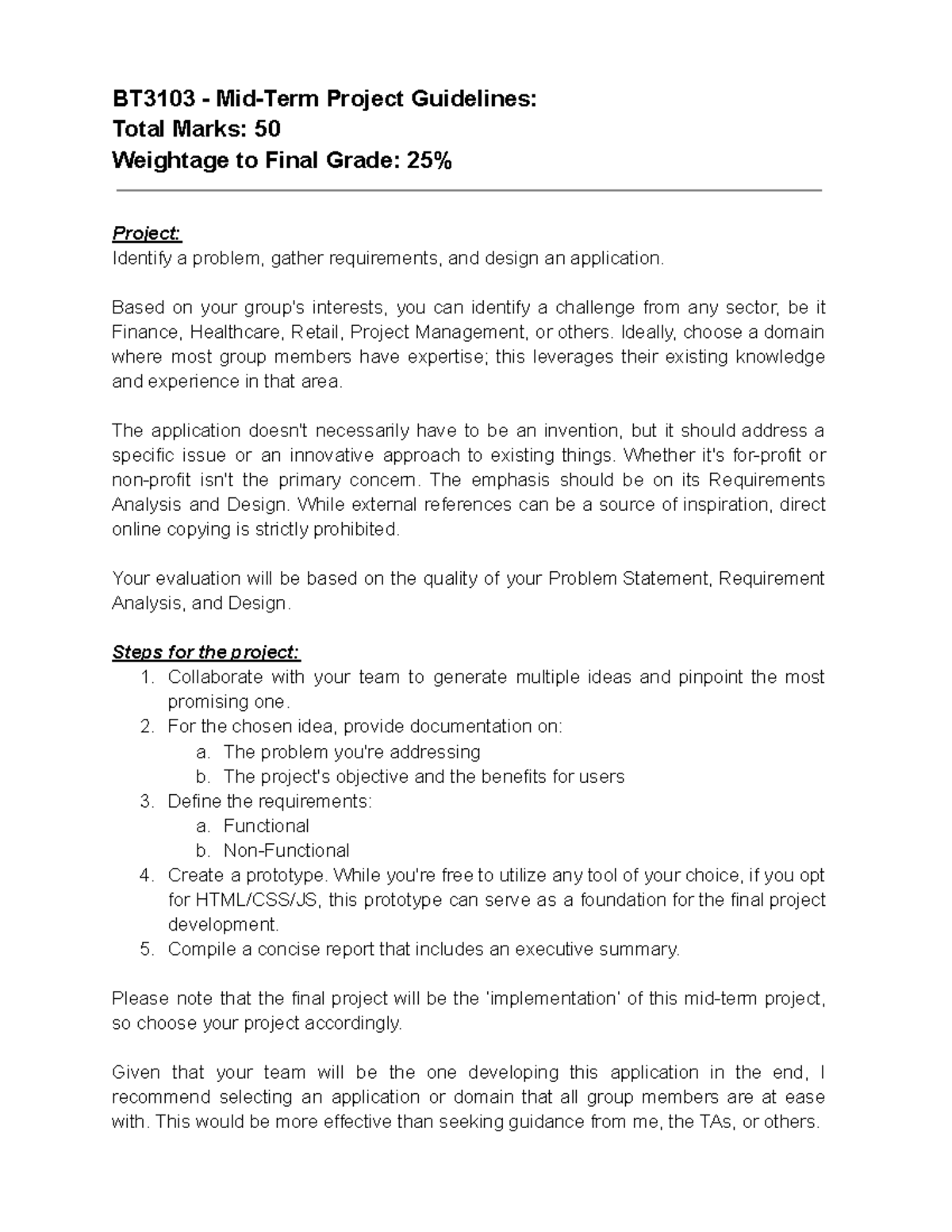 BT3103 Midterm Project Guidelines: Application Design & Requirements - Studocu
