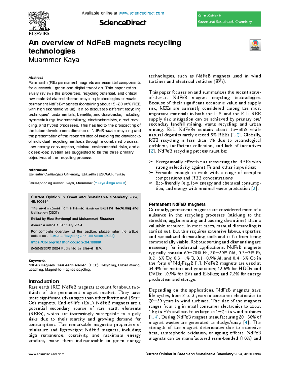 NdFeB Magnet Recycling Technologies: A Comprehensive Overview - Studocu
