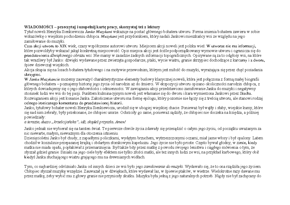 Janko Muzykant - analiza noweli Sienkiewicza i karta pracy - Studocu