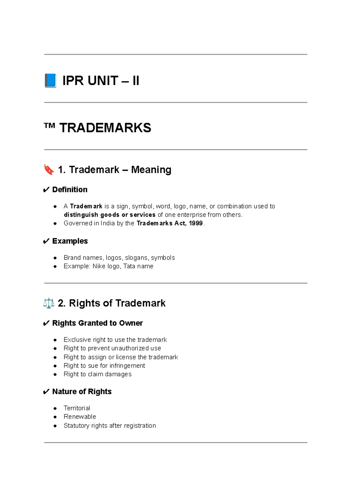 IPR U2: Comprehensive Overview of Trademarks and Copyrights - Studocu