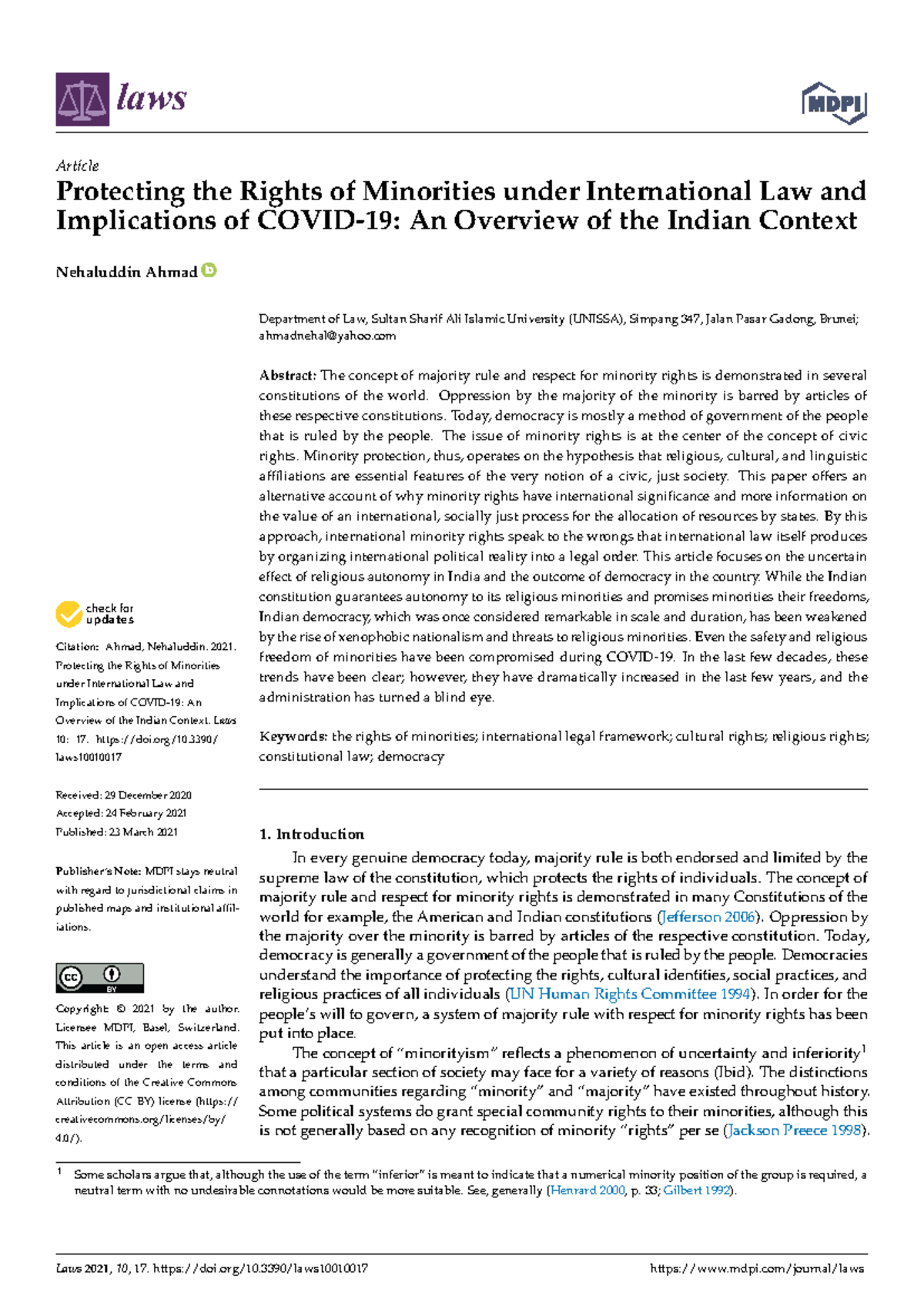 Protecting Minority Rights: Int'l Law & COVID-19 in India (Laws 10 ...