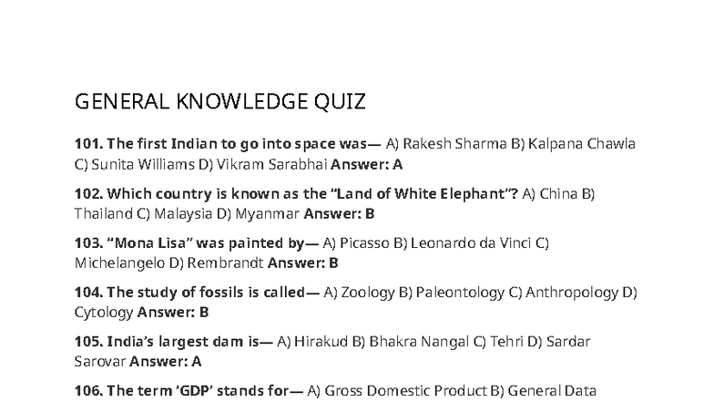 GENERAL KNOWLEDGE QUIZ 101: Questions and Answers - Studocu