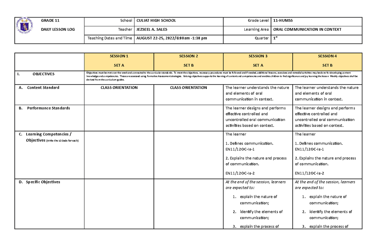 Grade 11 Weekly Lesson Log: Nature & Process of Communication - Studocu