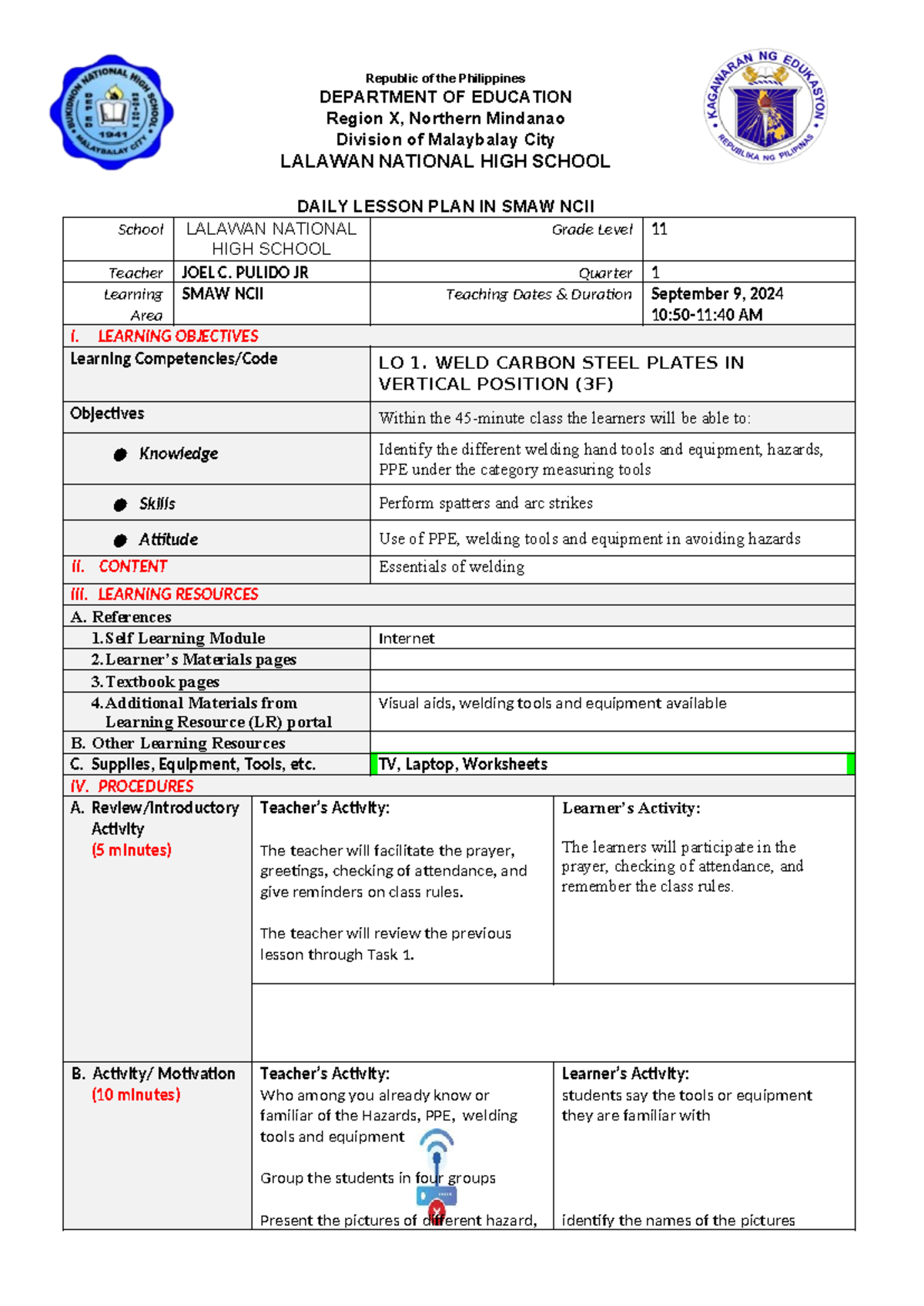 Daily Lesson Plan in SMAW NCII (Grade 11) for Shielded Metal Arc ...