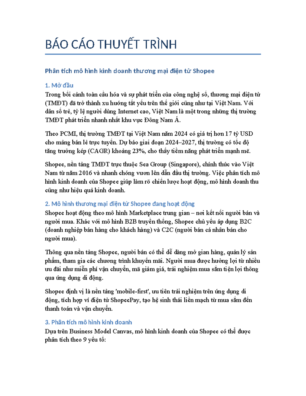 BÁO CÁO THUYẾT TRÌNH: Phân Tích Mô Hình Kinh Doanh Shopee - Studocu