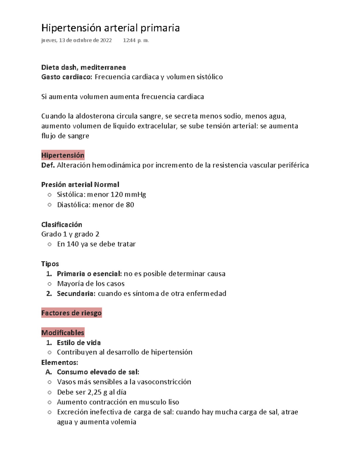 Hipertensión Arterial Primaria: Causas, Clasificación y Riesgos - Studocu