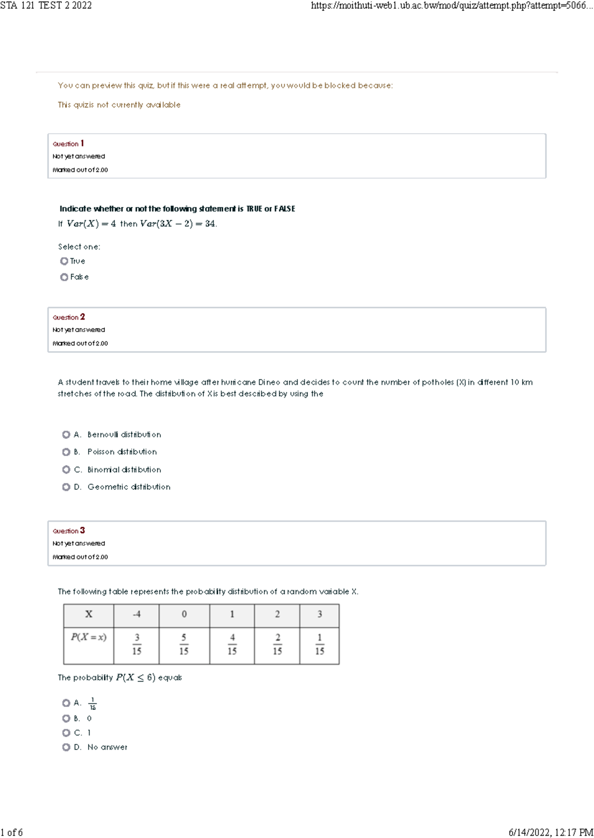 STA 121 TEST 2 2022 - Question 1 Not yet answered Marked out of 2 ...