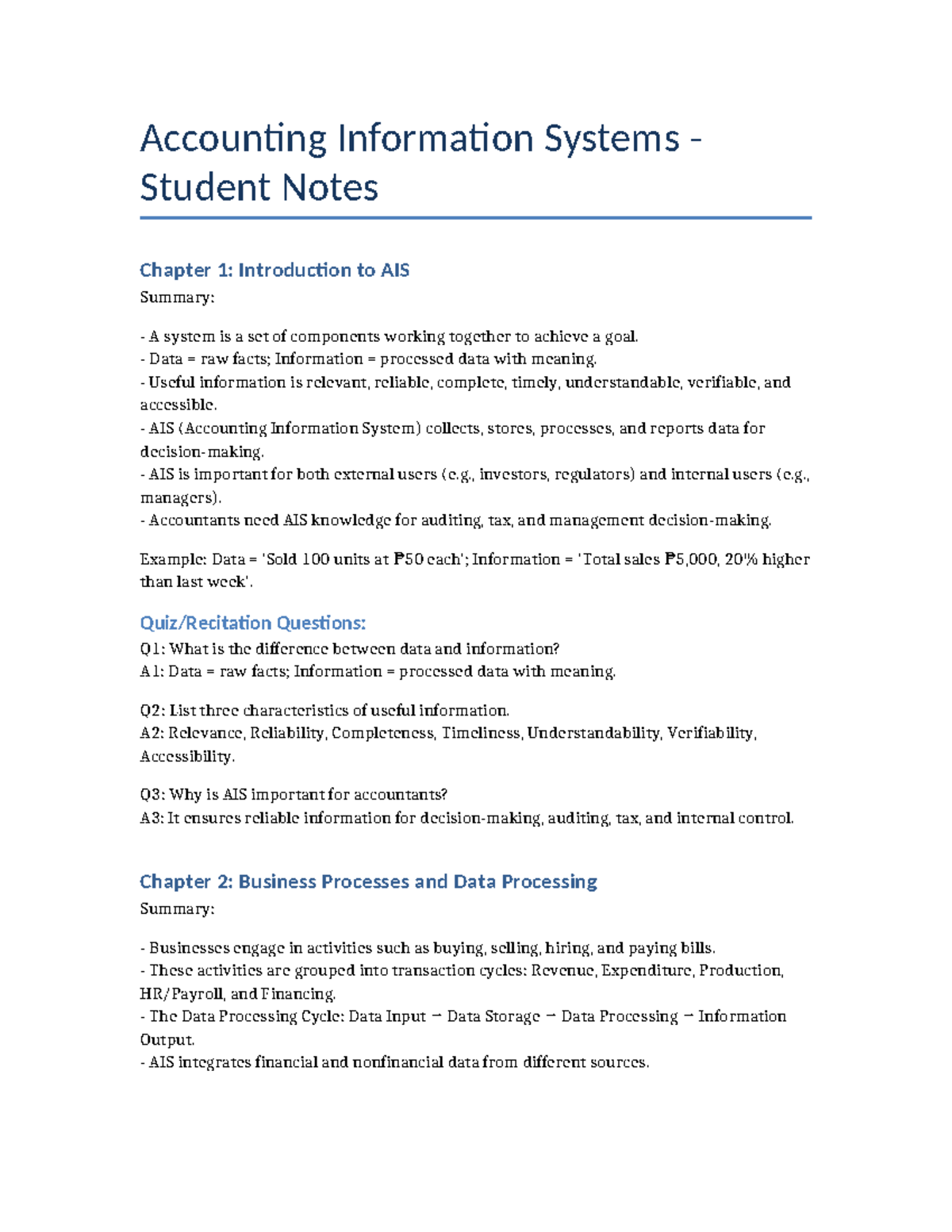 AIS Student Notes: Chapter 1-5 Overview and Key Concepts - Studocu