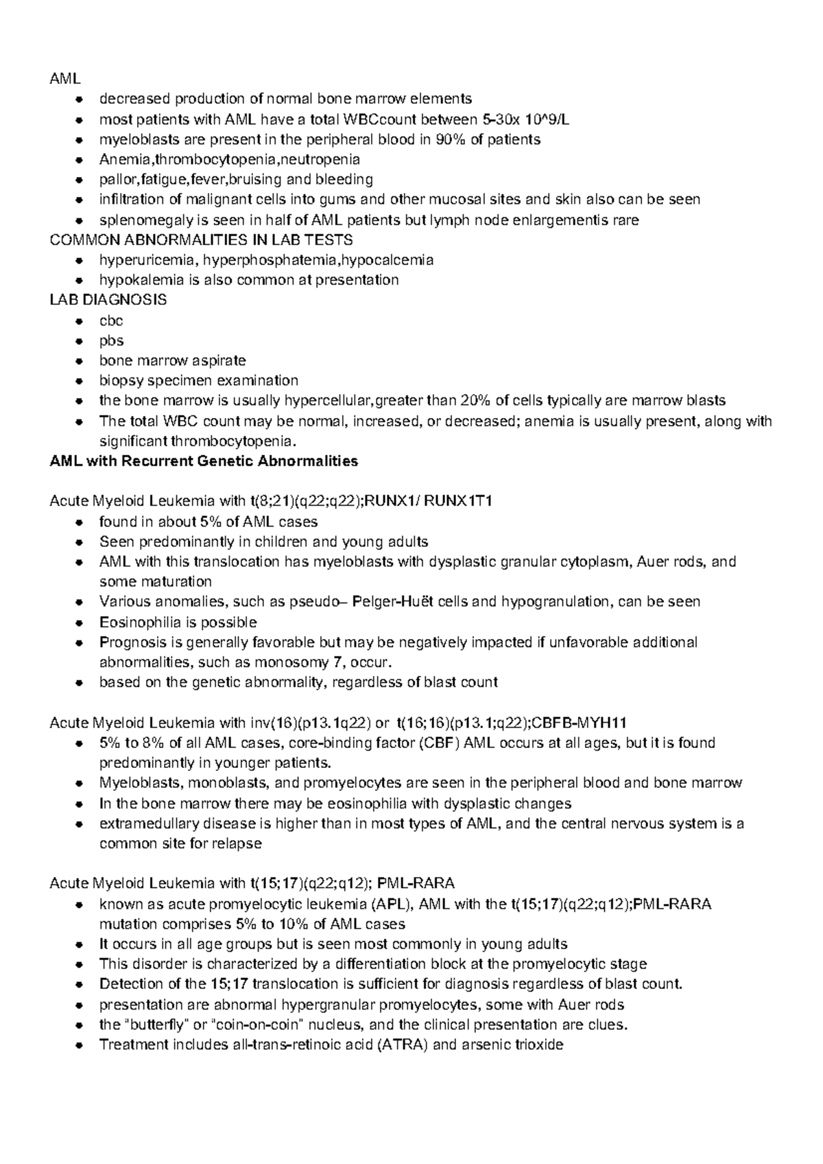 AML Overview: Clinical Features, Diagnosis, and Subtypes Summary - Studocu