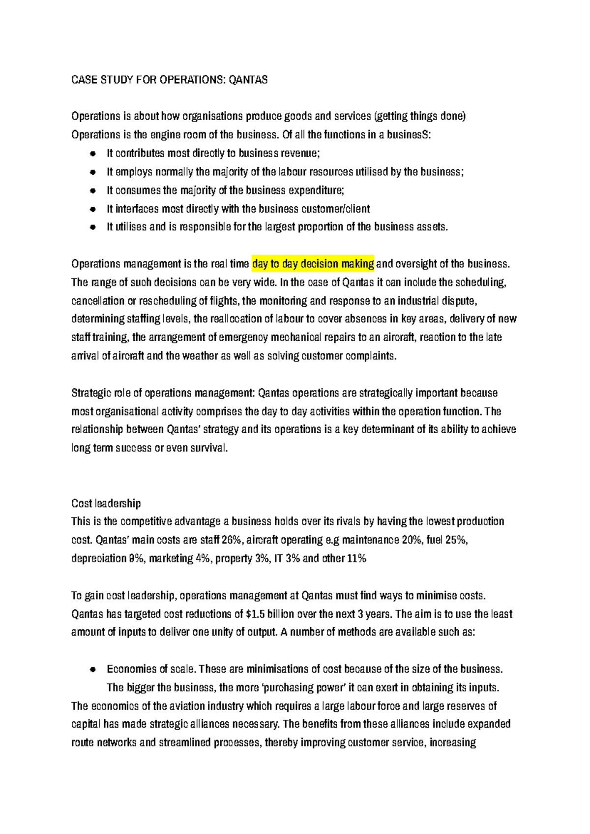 CASE STUDY: OPERATIONS MANAGEMENT AT QANTAS - Studocu
