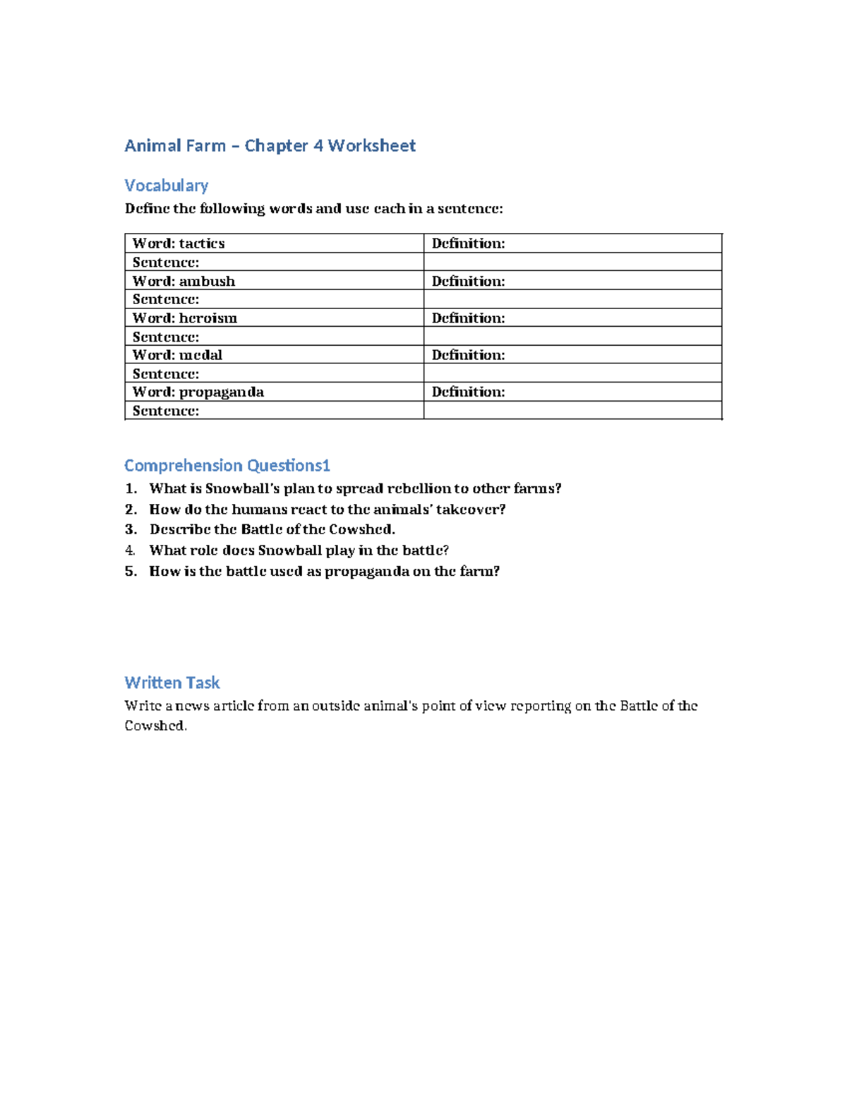 Animal Farm CH4 Enhanced Worksheet: Vocabulary & Comprehension - Studocu