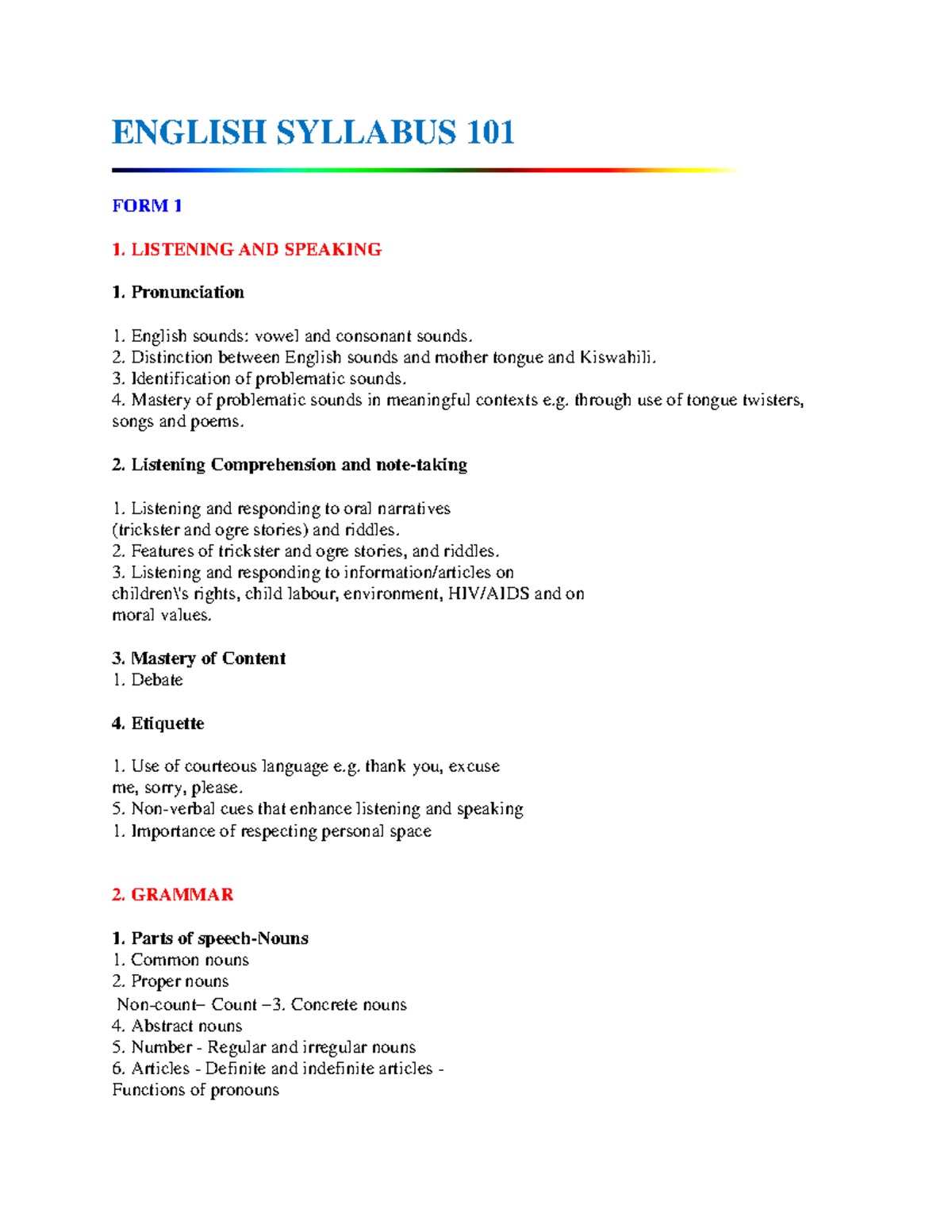 ENG 101: Comprehensive English Syllabus Overview - Studocu