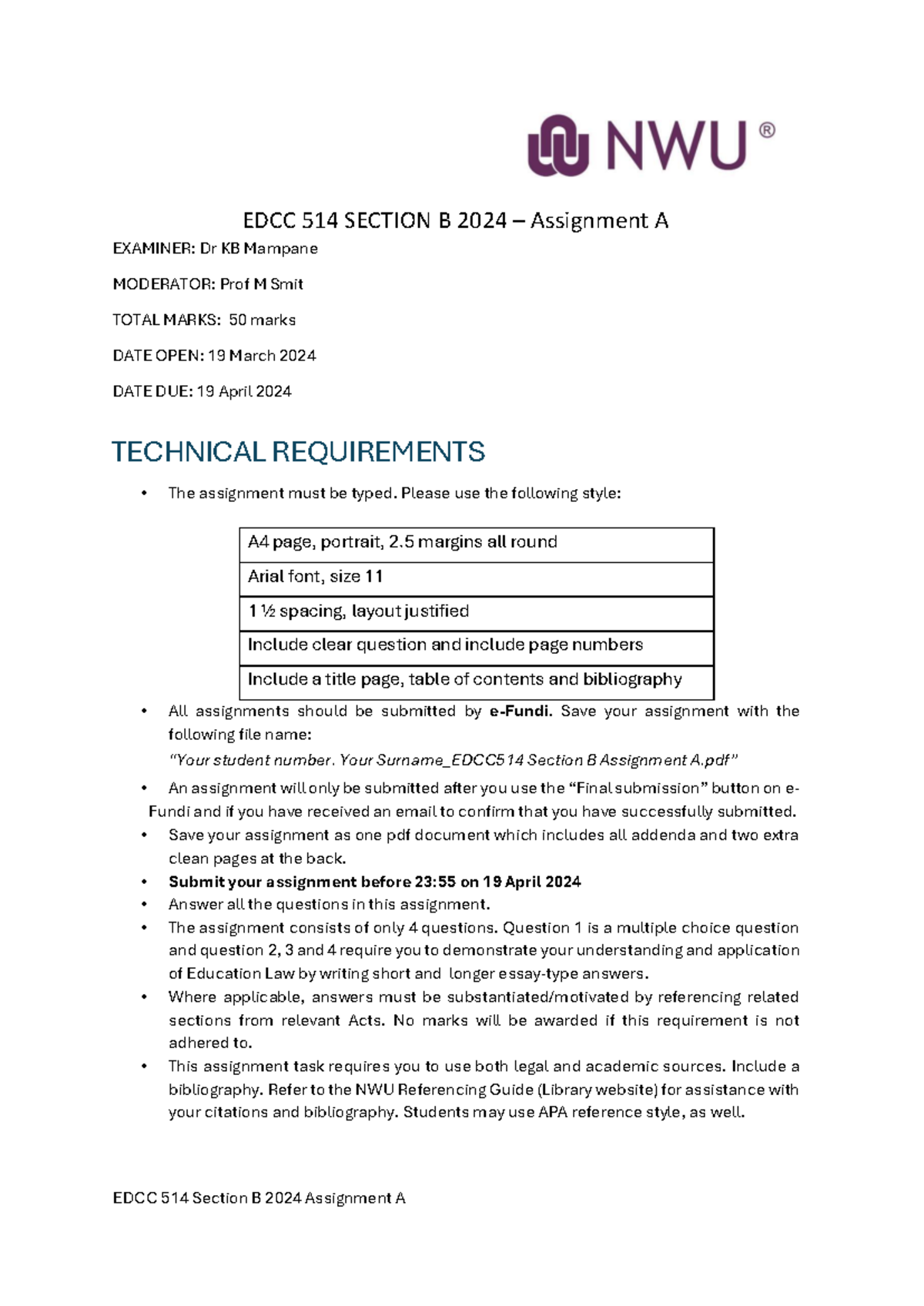 EDCC 514 Section B 2024 Assignment A Guidelines and Requirements - Studocu