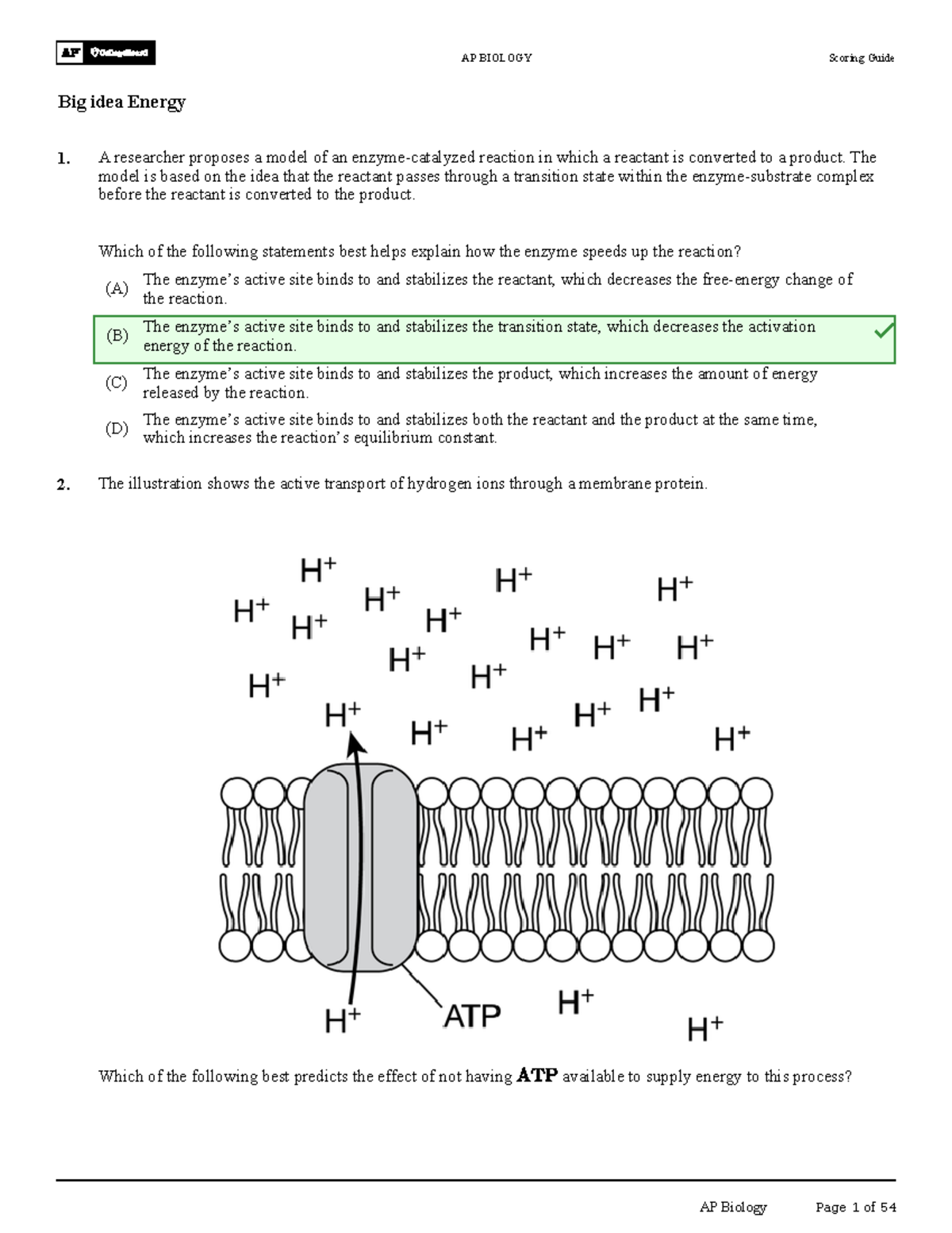 AP BIOLOGY Big Idea Energy: Enzyme Reactions and Membrane Transport ...