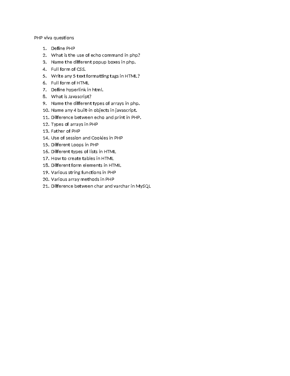 Viva Questionsphp Php Lab Php Viva Questions 1 Define Php 2 What Is The Use Of Echo