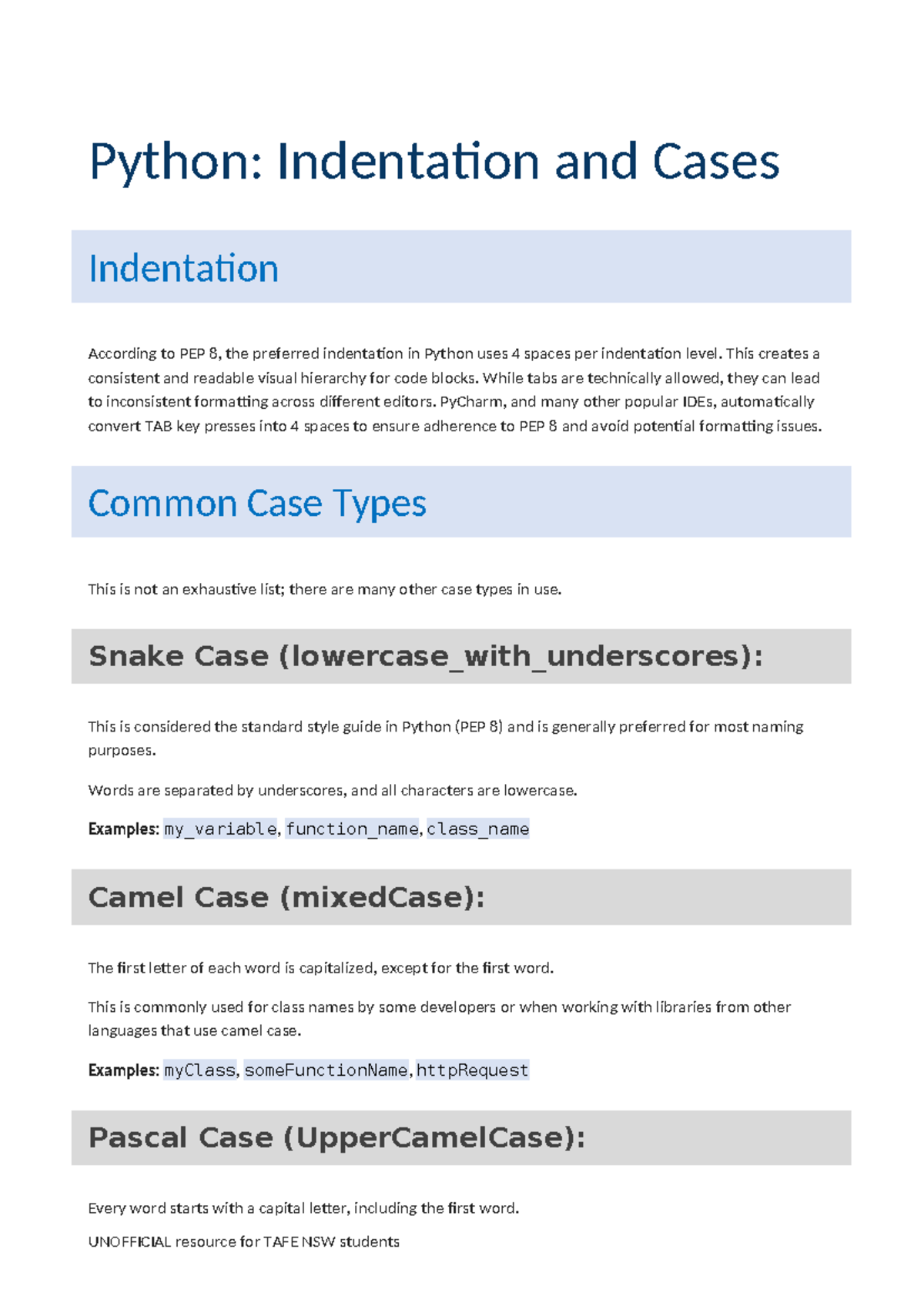 Python (TAFE NSW): Indentation and Case Styles Explained - Studocu