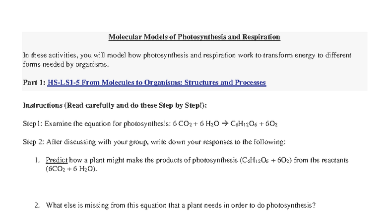 Virtual Lab Question Sheet - Molecular Models of Photosynthesis and ...
