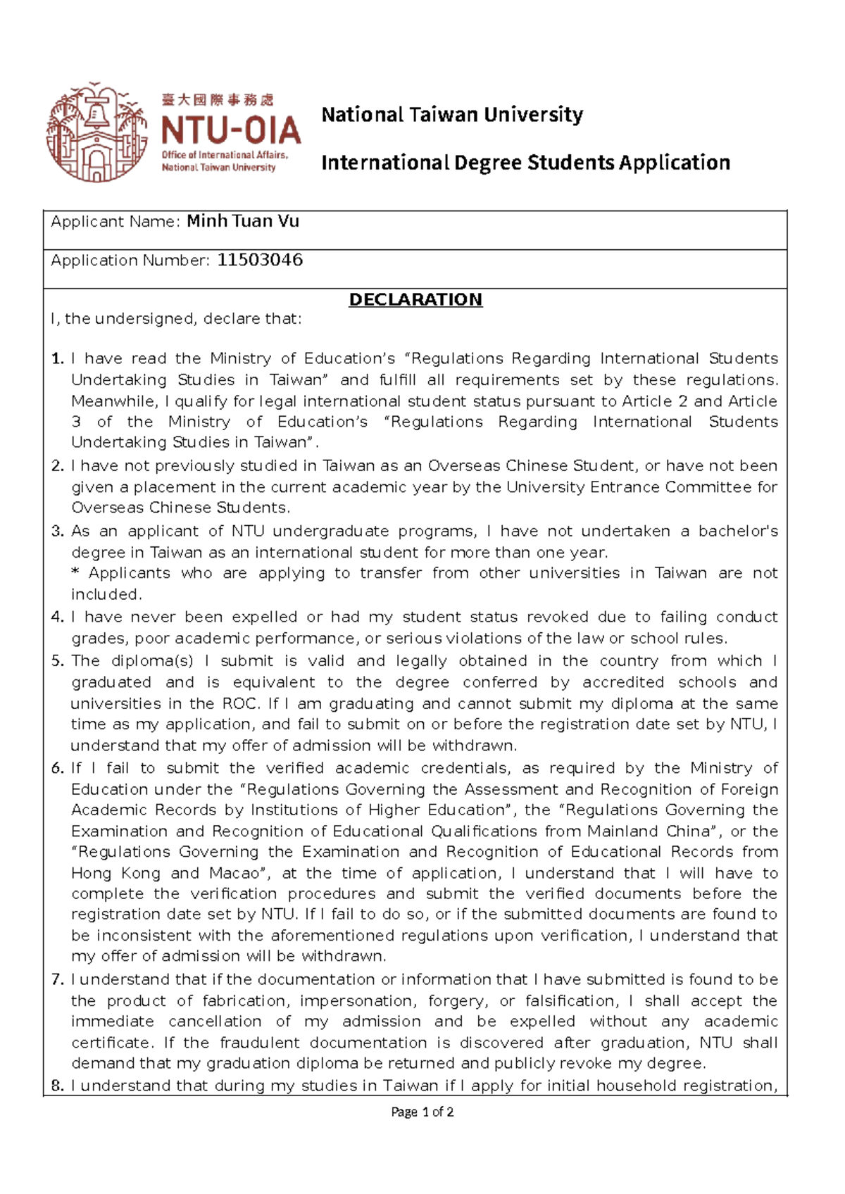 NTU International Student Application Declaration - Minh Tuan Vu - Studocu