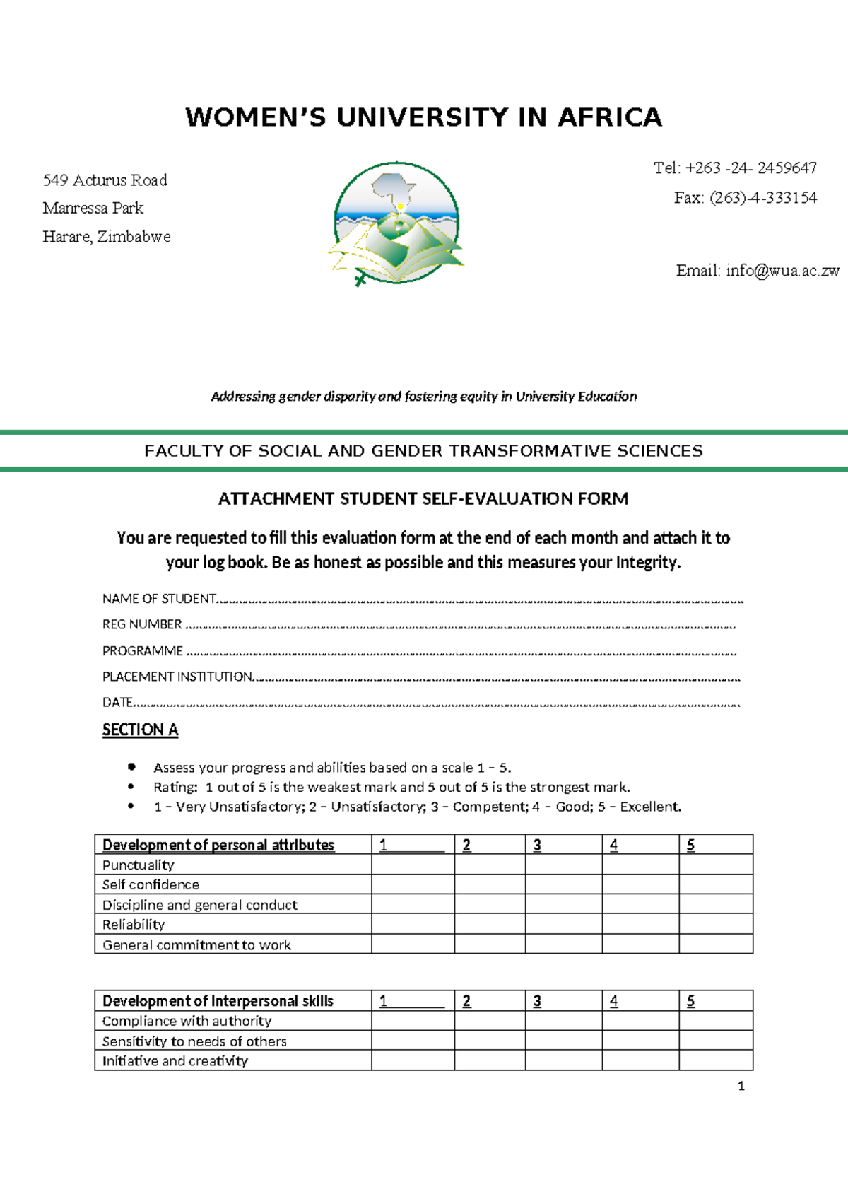 Self-Evaluation Form for Attachment Students at WUA - Studocu