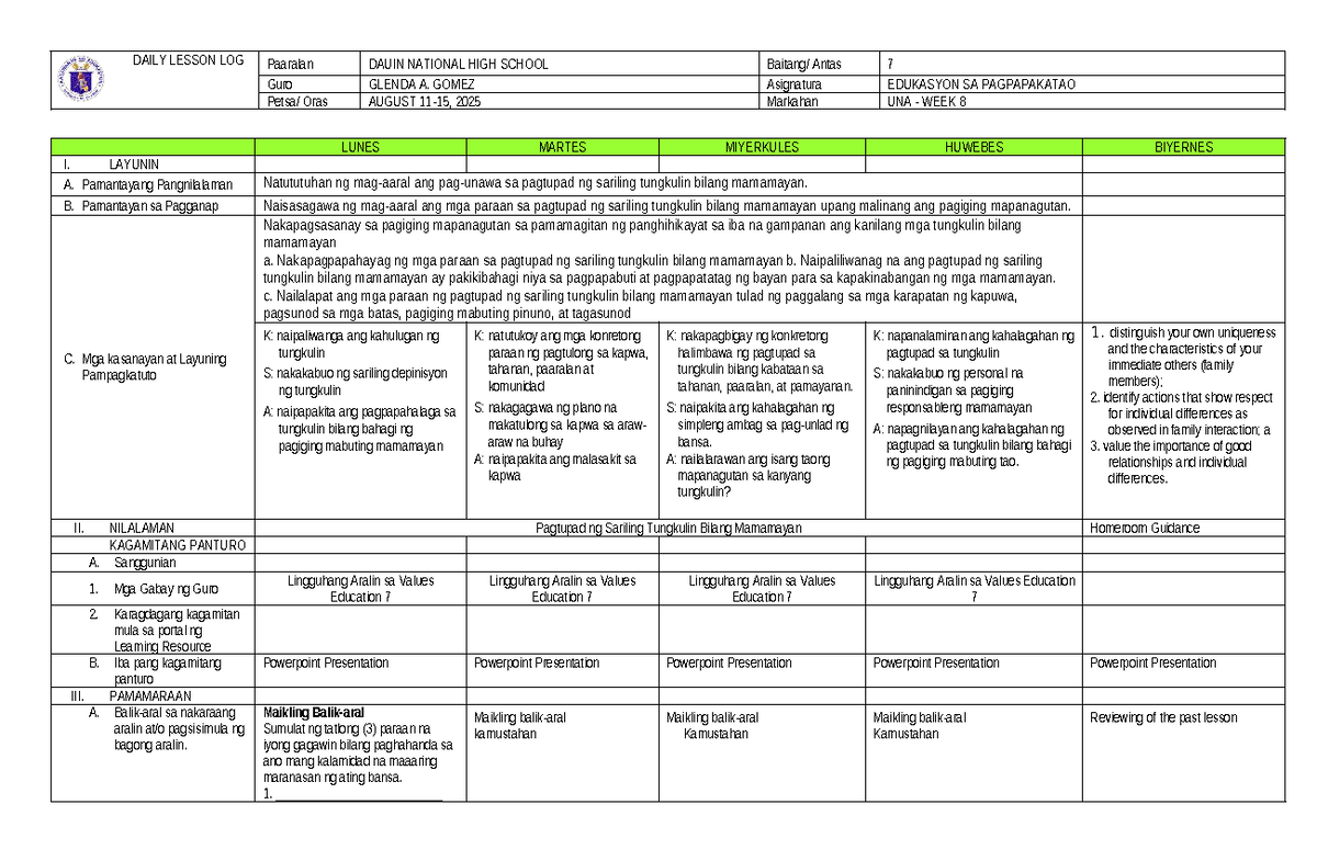ESP 7 DLL - WEEK 8: Pagtupad ng Tungkulin Bilang Mamamayan - Studocu