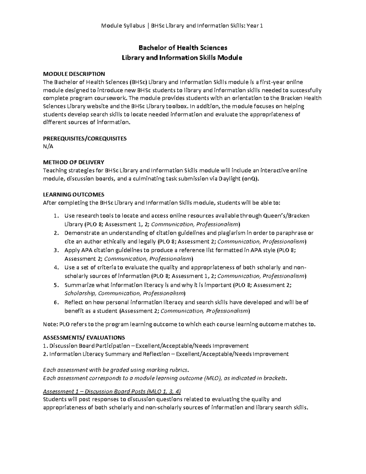 BHSc 1st Year Library & Info Skills Module Syllabus Guide - Studocu