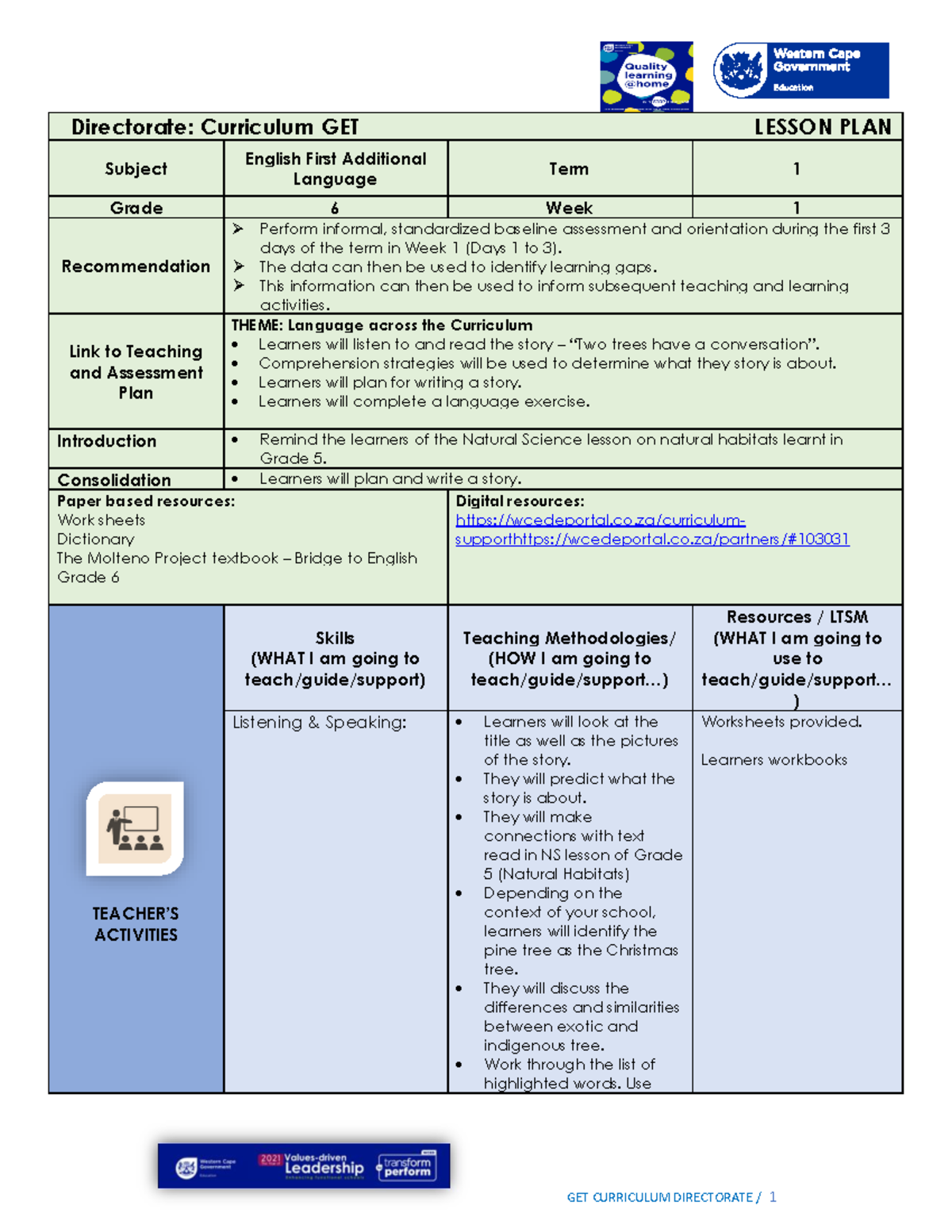 Grade 6 English FAL Lesson Plan: T1 W1 Overview & Activities - Studocu