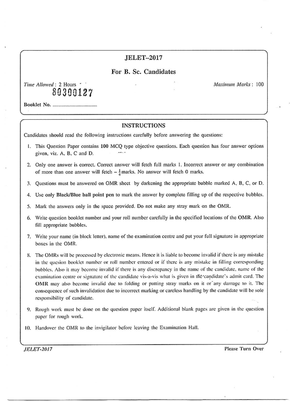 B. Sc. 2017 Question Paper: MCQs with Instructions and Marks - Studocu