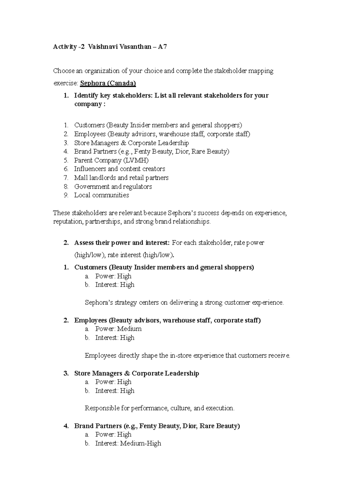 Activity 2 - Stakeholder Mapping Exercise for Sephora (Canada) - Studocu