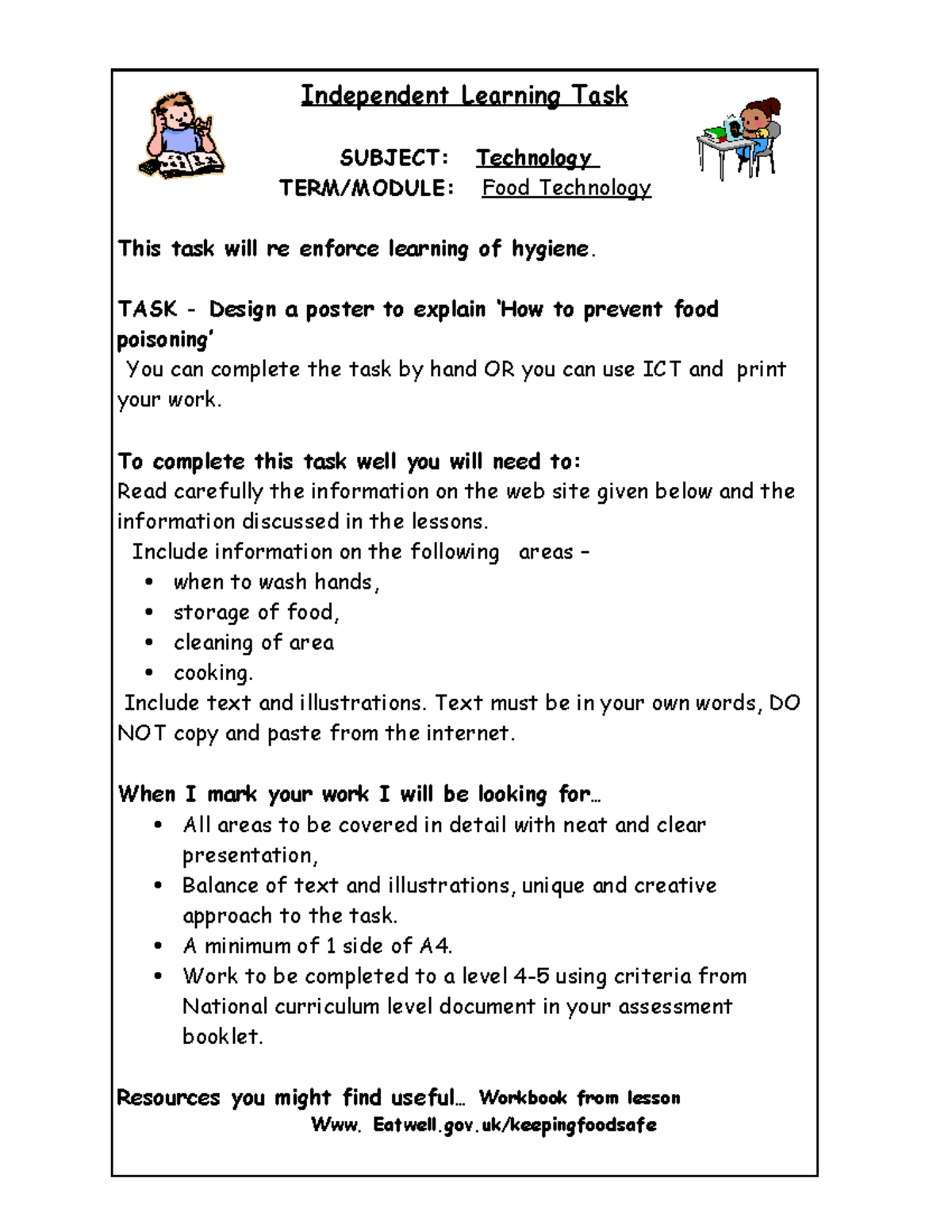 Food Technology Independent Learning Task: Hygiene Poster Design - Studocu