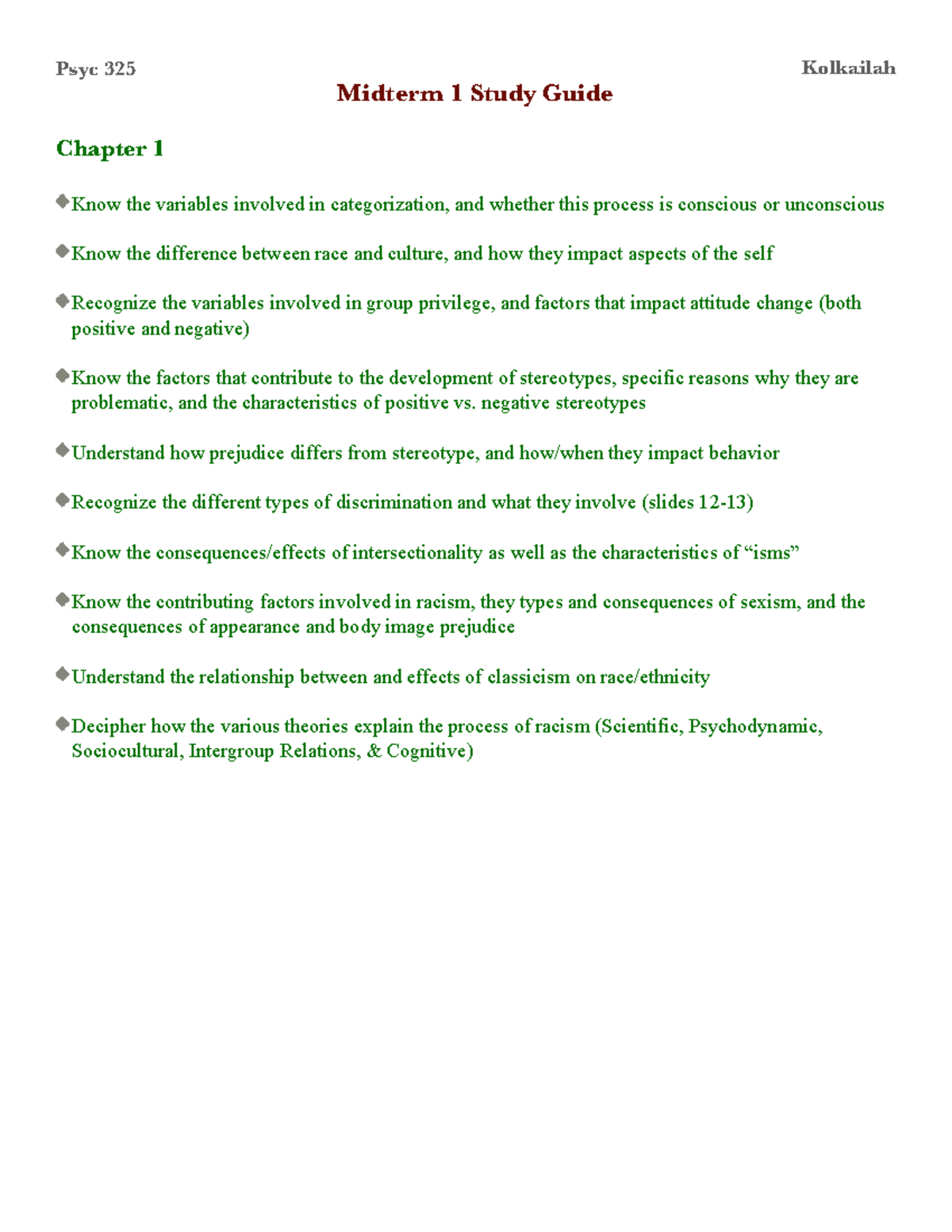 Psyc 325 Kolkailah Midterm 1 Study Guide: Prejudice & Stereotypes - Studocu