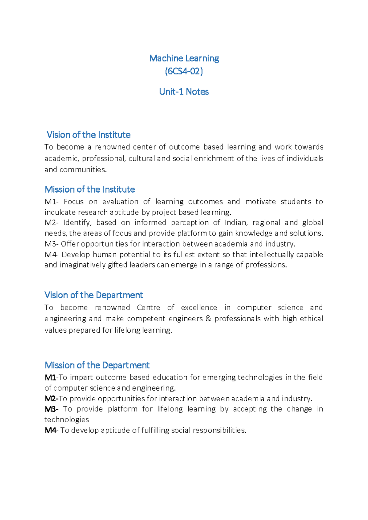 ML UNIT-1 - Machine learning notes - Machine Learning ( 6 CS 4 - 02 ...